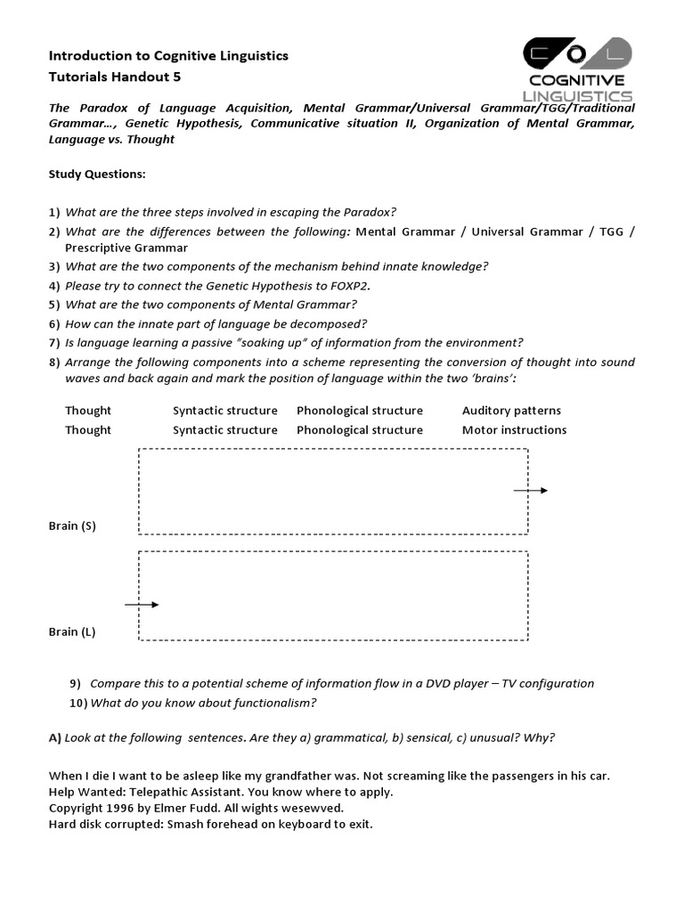 Introduction To Cognitive Linguistics Tutorials Handout 5: Study ...