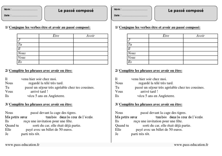 Passé Composé Ce2 - Conjugaison - Exercices Corrigés - Cycle 3 | PDF