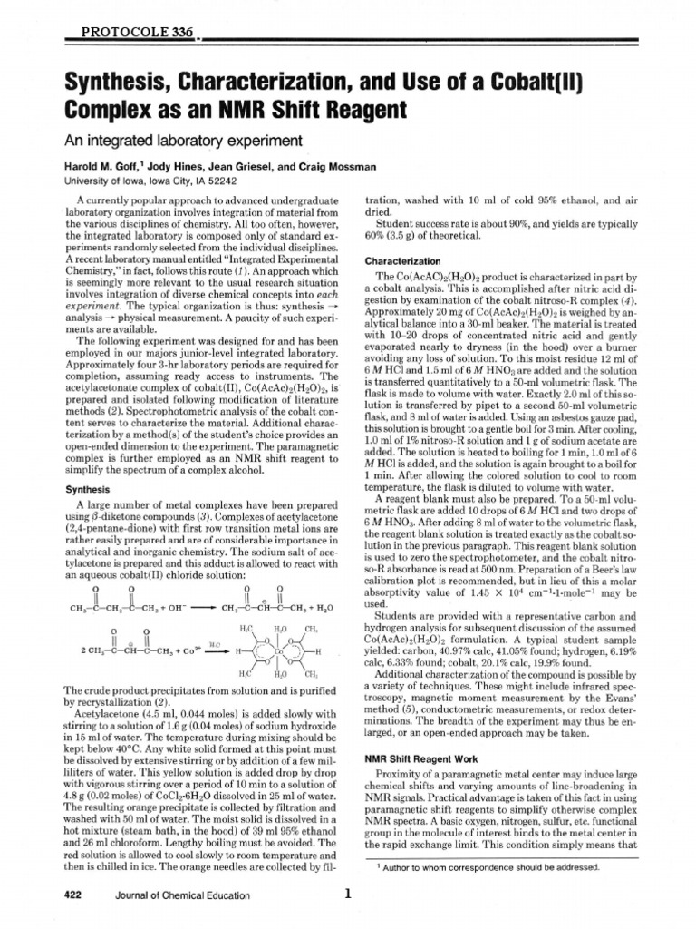 Synthesis, Characterization, and Use of A Cobalt (l1) Complex As An NMR ...