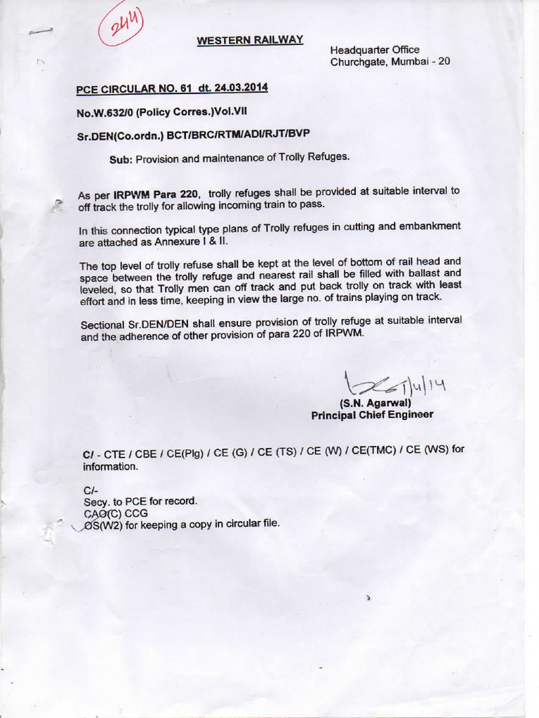 Trolly Refuges PCE Circular No 61 | PDF