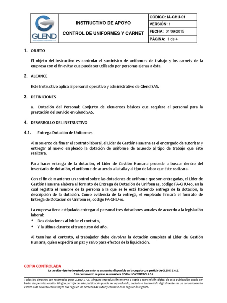 IA-GHU-01 Instructivo Control de Uniformes y Carnet | Descargar gratis PDF | Derechos de autor ...