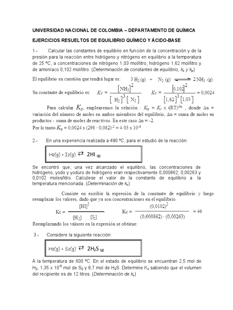 Ejercicios Resueltos de Equilibrio Químico | PDF | Constante de disociación ácida | Ph