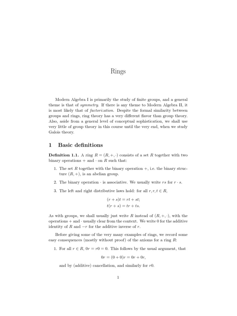Rings: 1 Basic Definitions | PDF | Ring (Mathematics) | Group (Mathematics)