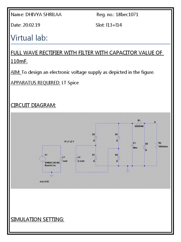 Virtual Lab:: Full Wave Rectifier With Filter With Capacitor Value of 110mF | PDF | Science ...
