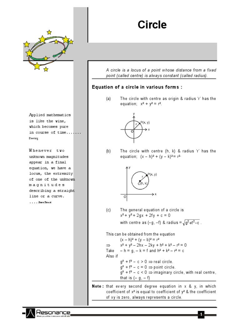 Circle: Equation of A Circle in Various Forms | PDF | Circle ...