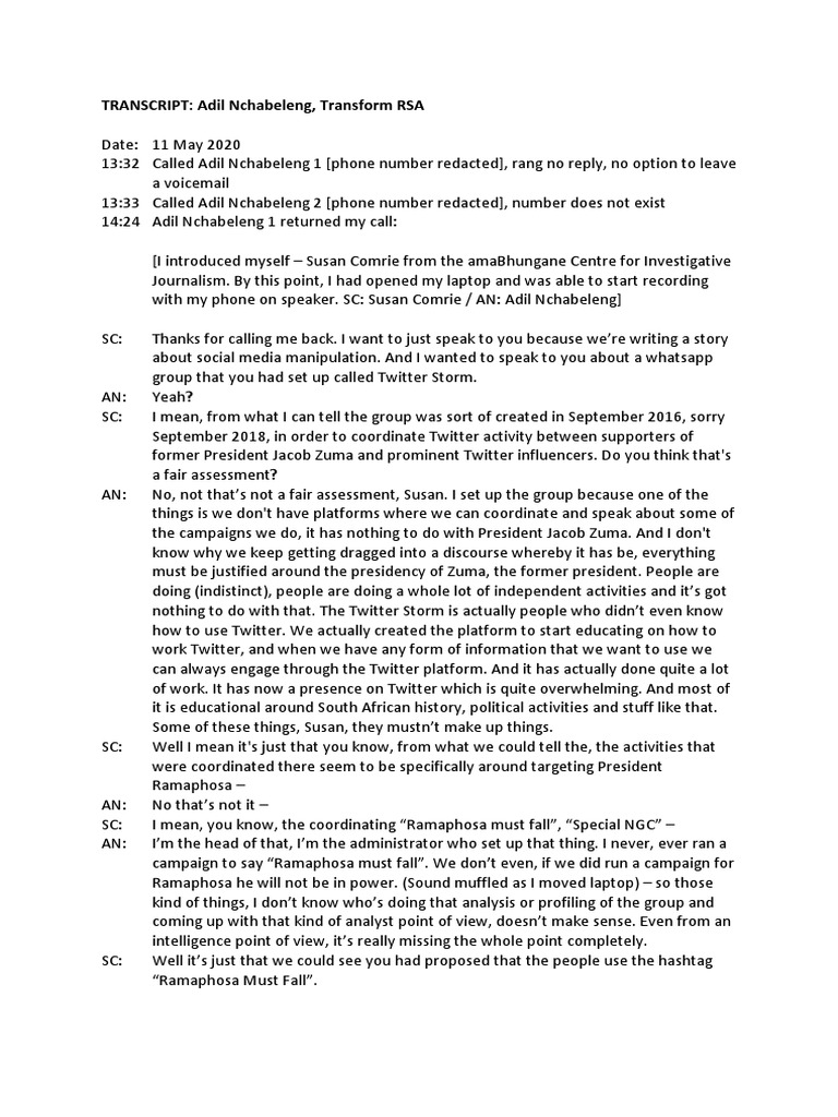 Chapter 2 Evidence Phonecall With Adil Nchabeleng | PDF | African ...