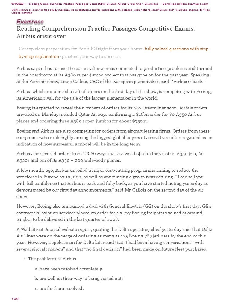 Reading Comprehension Practice Passages Competitive Exams: Airbus Crisis Over | PDF | Airbus | Faq