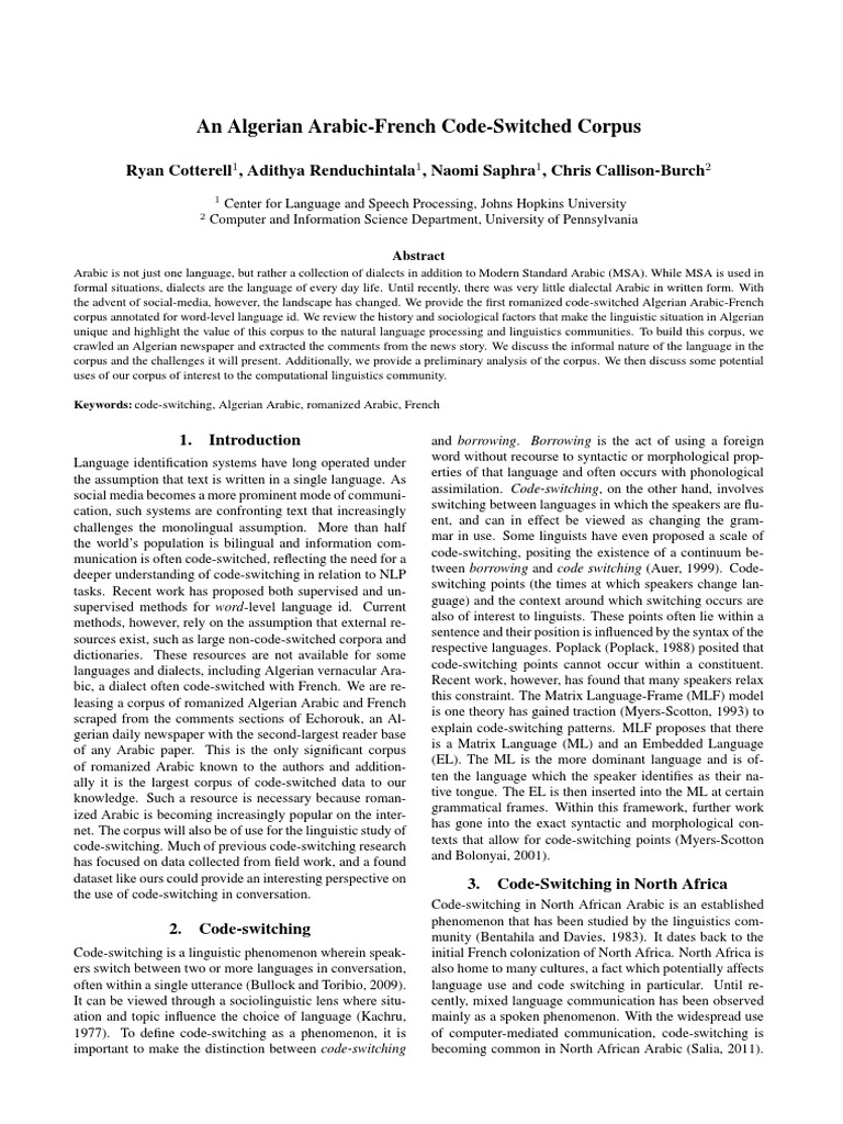 Algerian Arabic French Code Switched Corpus | PDF | Sociolinguistics ...