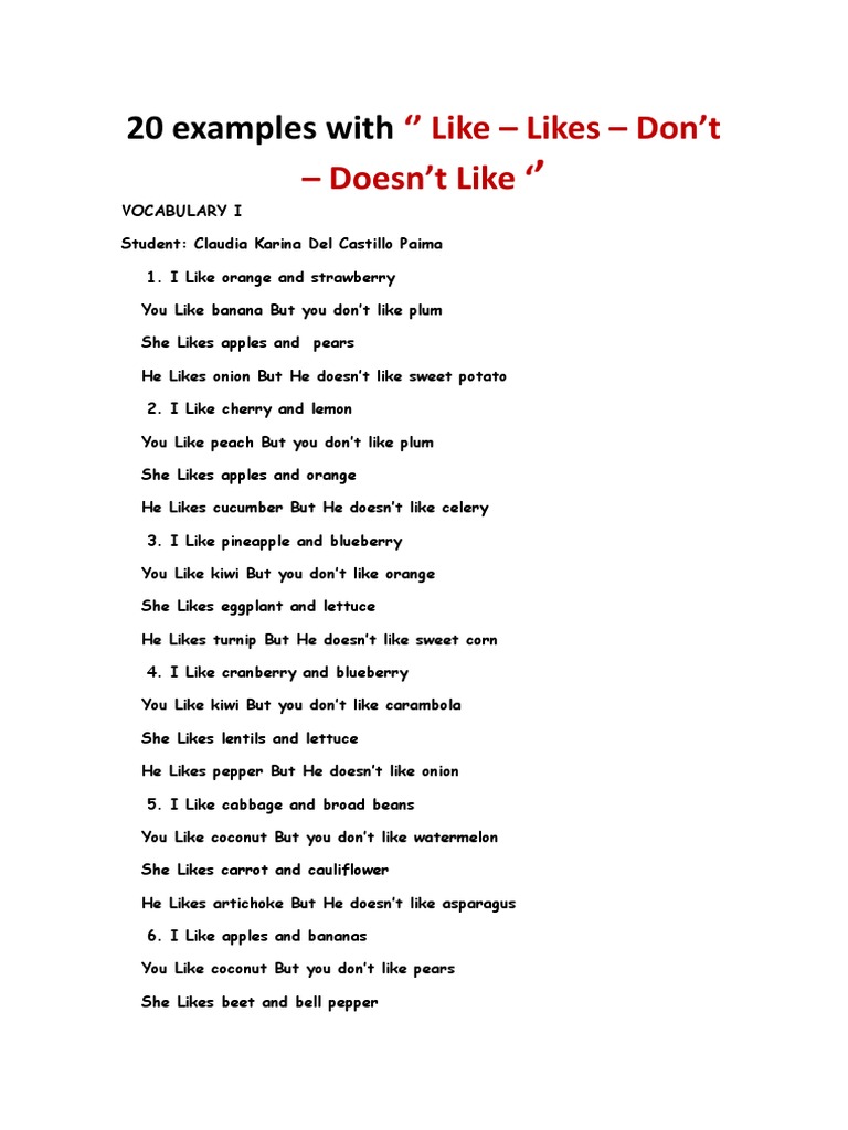 20 Examples With: ' Like - Likes - Don't - Doesn't Like | PDF | Edible ...