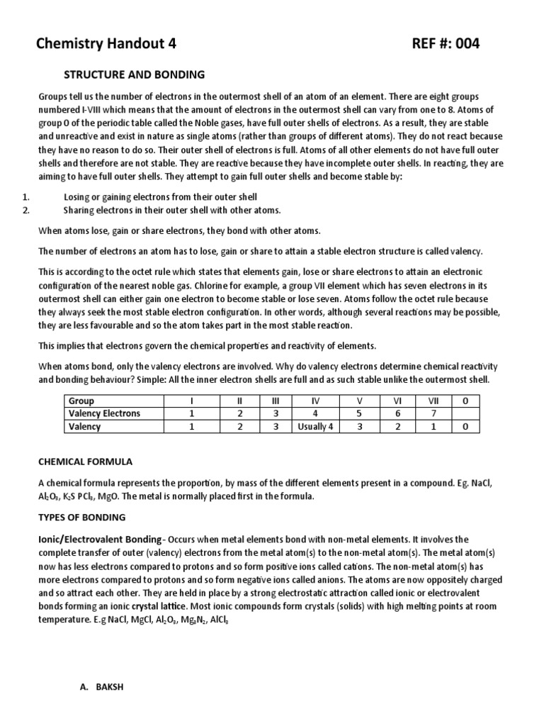 Chemistry Handout 4 REF #: 004: Structure and Bonding | Download Free ...