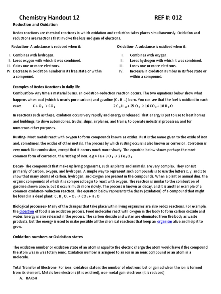 Chemistry Handout 12 | PDF | Redox | Oxide