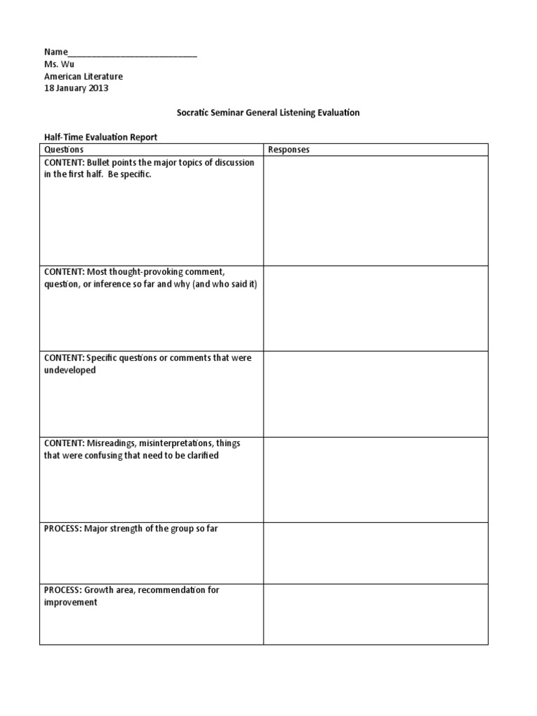 03 Socratic Seminar General Listening Evaluation Handout During Seminar ...