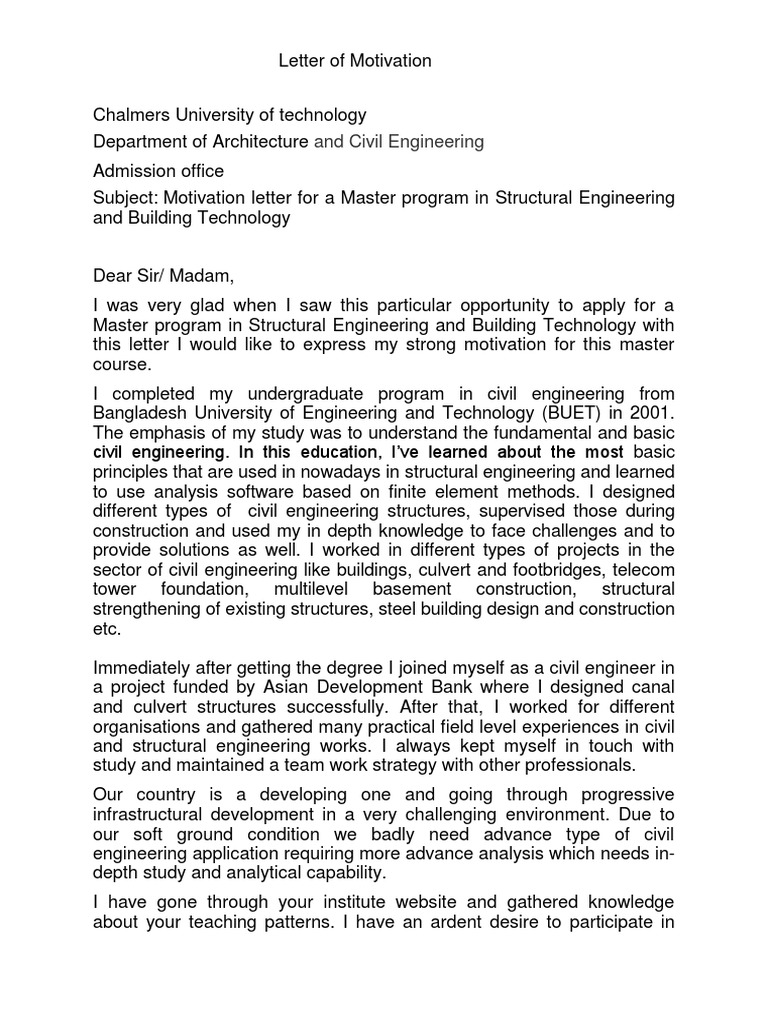 Motivation Letter For Masters Program | PDF | Structural Engineering ...