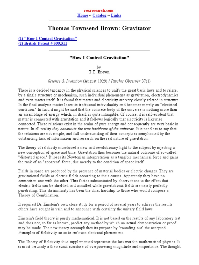 Thomas Townsend Brown: Gravitator: "How I Control Gravitation" | PDF ...