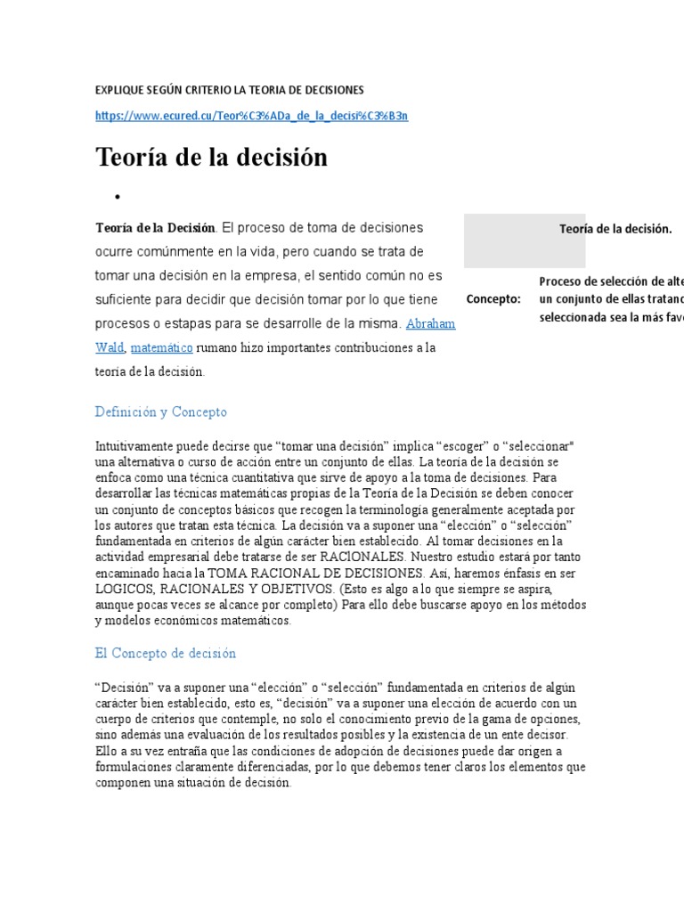 Explique Según Criterio La Teoria de Decisiones | PDF | Racionalidad ...