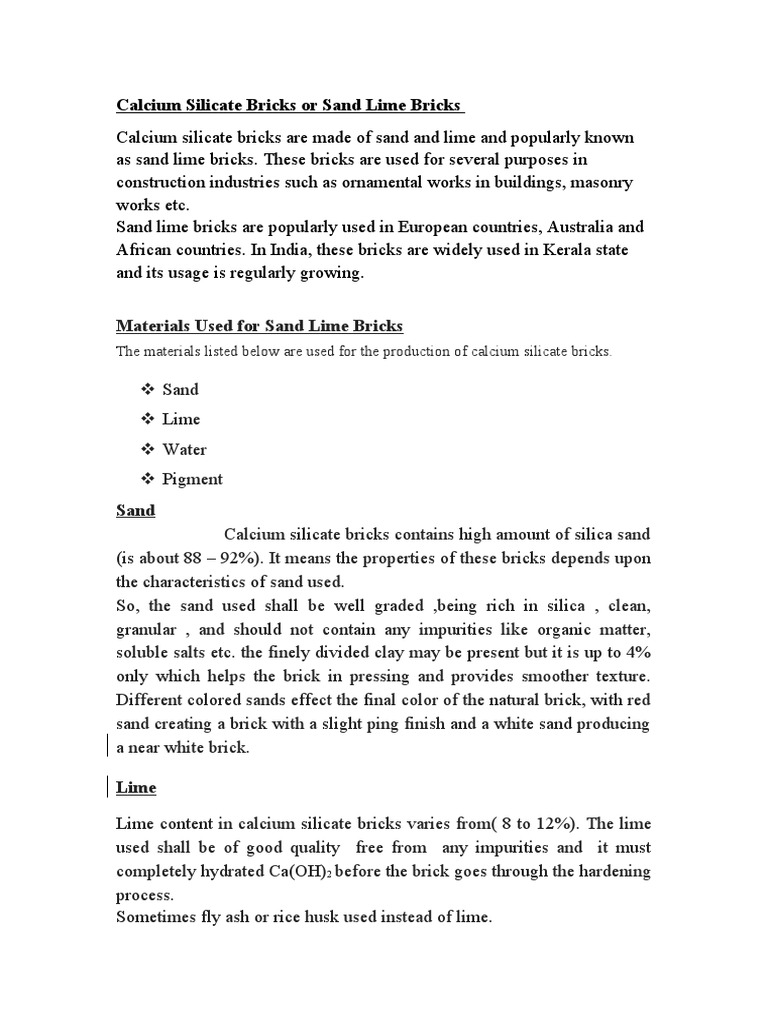 Calcium Silicate Bricks or Sand Lime Bricks | PDF | Lime (Material) | Brick