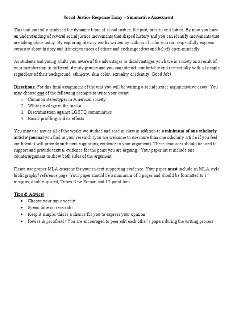 Social Justice Essay Assignment Guide | PDF | Social Science