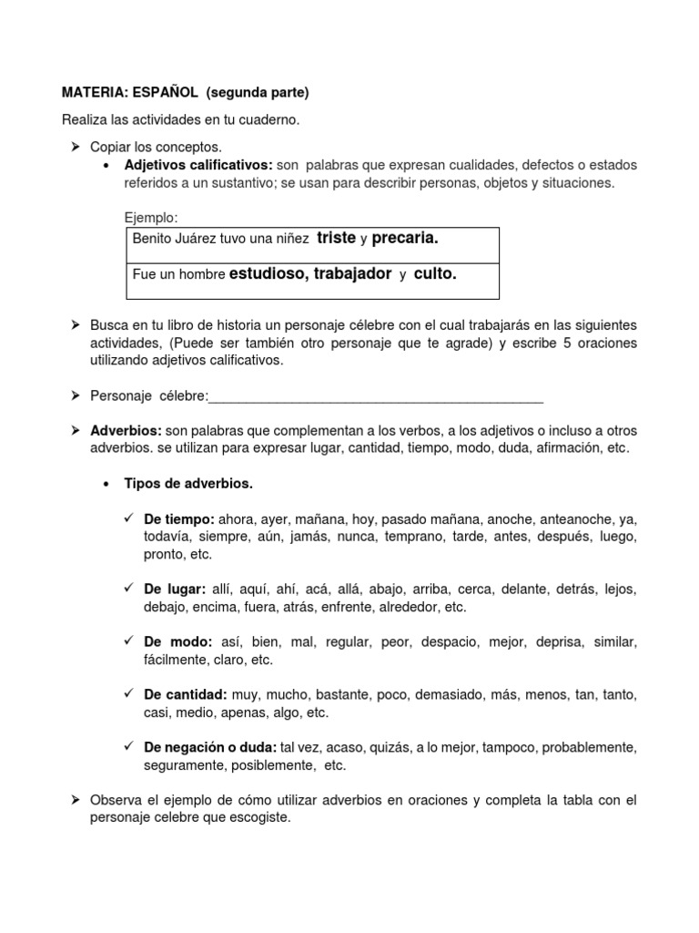 ESPAÑOL 2a. PARTE ELABORAR RETRATOS ESCRITOS DE PERSONAJES | PDF ...