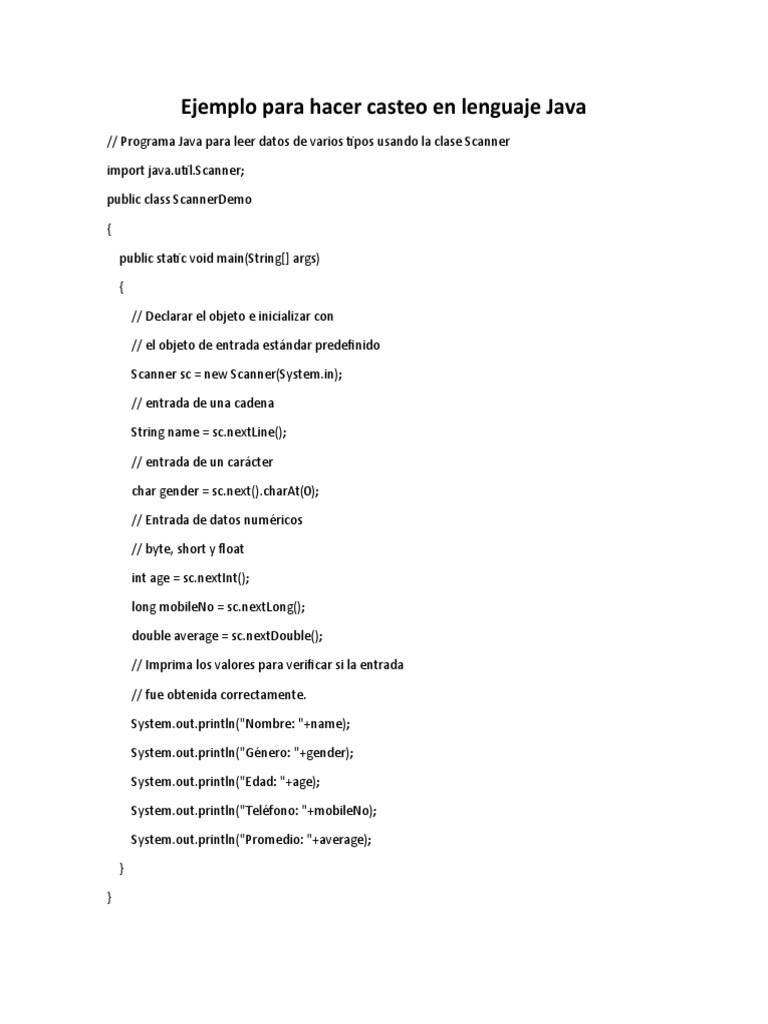 Ejemplo para Hacer Casteo en Lenguaje Java | PDF