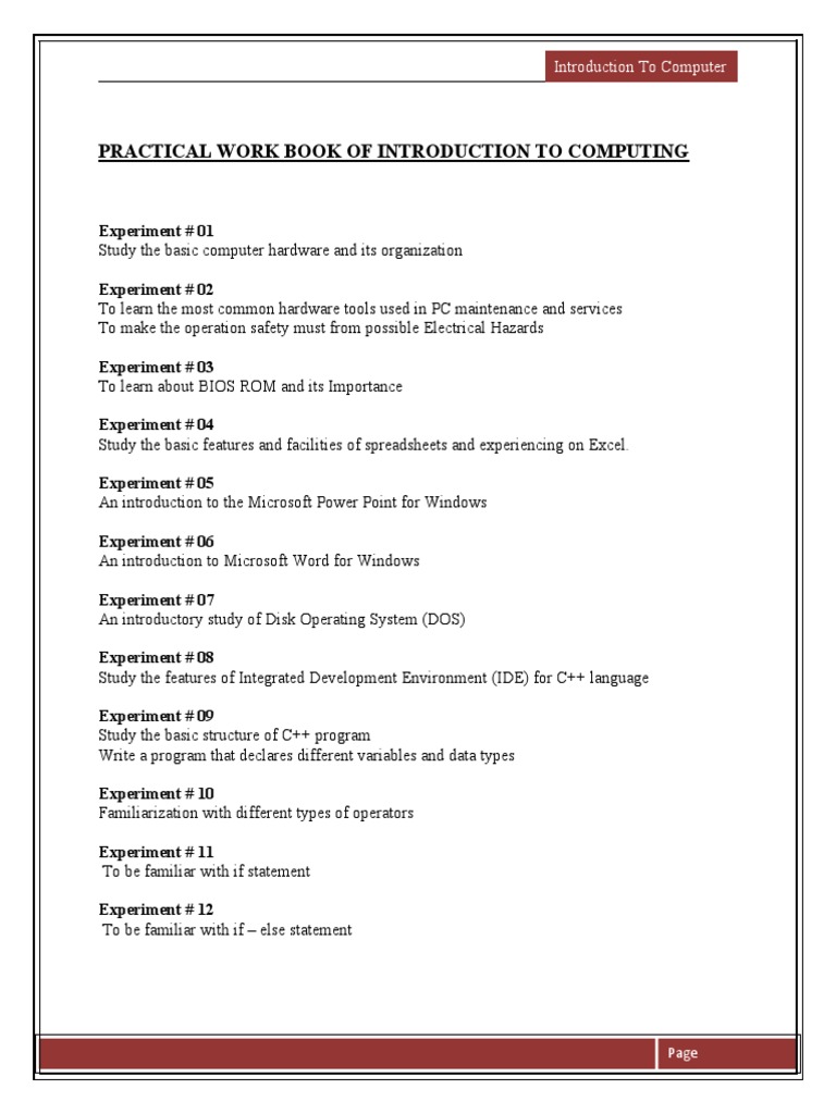 Practical Work Book of Introduction To Computing: Experiment # 01 | PDF
