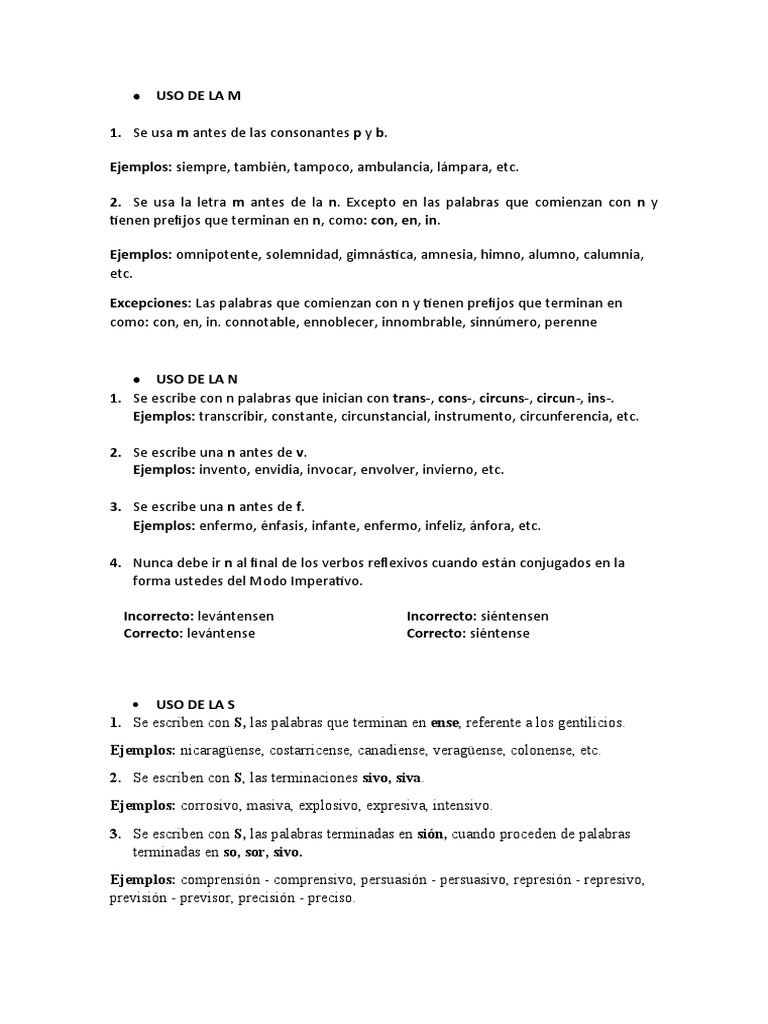 Reglas Ortograficas Uso M, N y S | PDF
