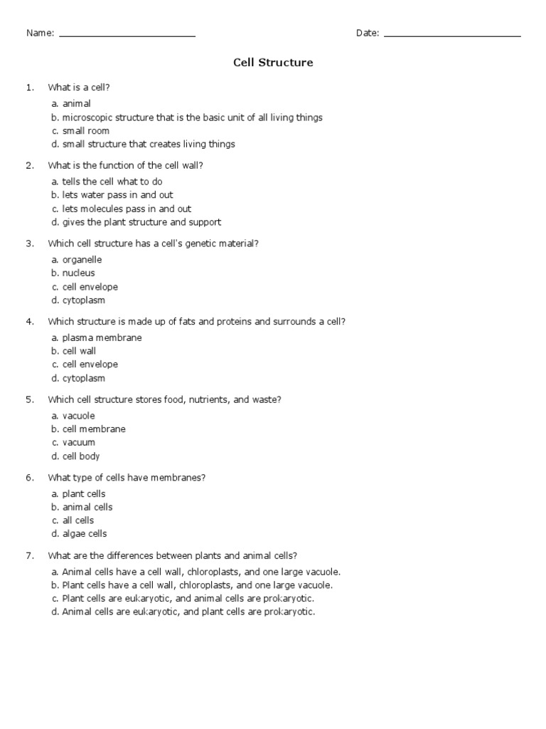 Cell Structure (Grade 6) - Free Printable Tests and Worksheets PDF ...