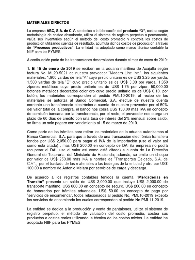 Ejercicios Materiales Directos | PDF | Cheque | Bancos