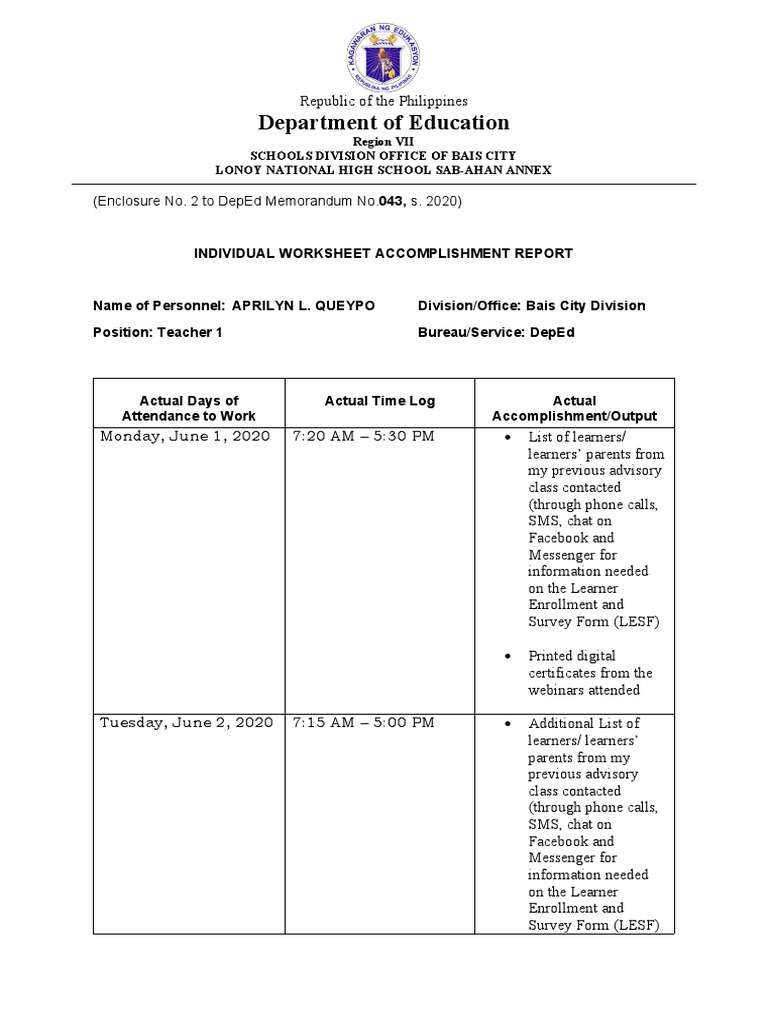 Department of Education: (Enclosure No. 2 To Deped Memorandum No.043, S. 2020) | PDF ...