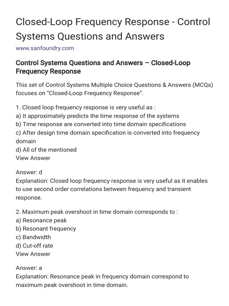 Closed-Loop Frequency Response - Control Systems Questions and Answers ...