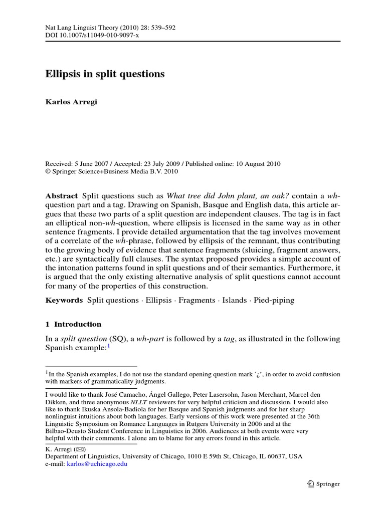 Ellipsis in Split Questions: Karlos Arregi | PDF | Question | Linguistics