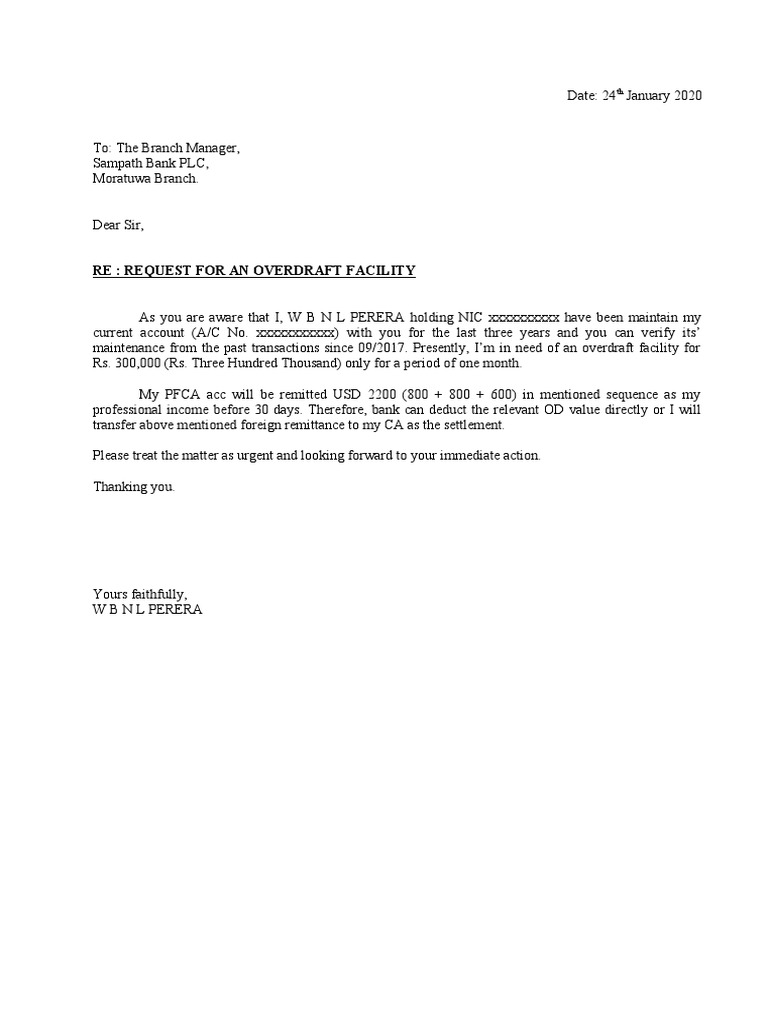 Re: Request For An Overdraft Facility | PDF
