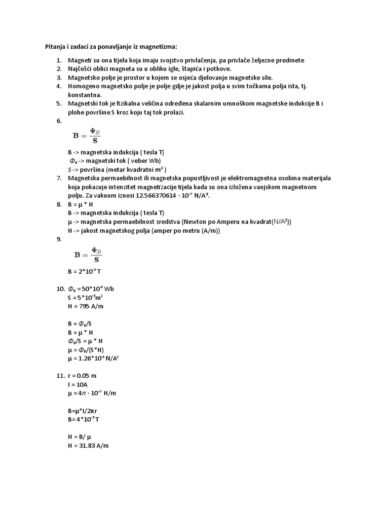 Pitanja I Zadaci Za Ponavljanje Iz Magnetizma | PDF