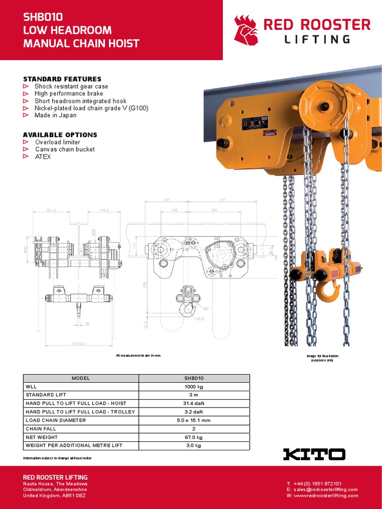 SHB010 Low Headroom Manual Chain Hoist: Standard Features | PDF