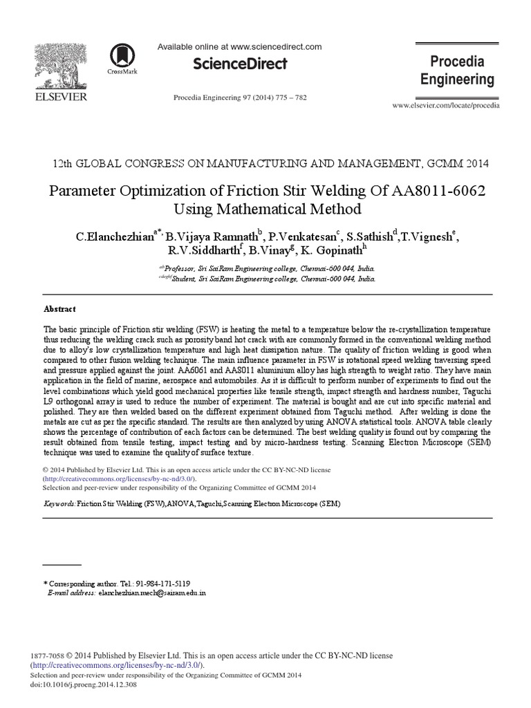 Parameter Optimization of Friction Stir Welding of AA8011-6062 Using ...