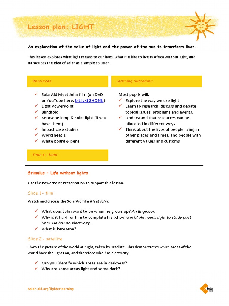 Lesson Plan: LIGHT: Resources: Learning Outcomes | PDF | Sun | Light