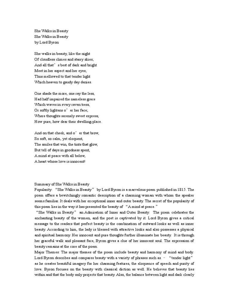 An Analysis of Lord Byron's Romantic Poem 'She Walks in Beauty' | PDF ...