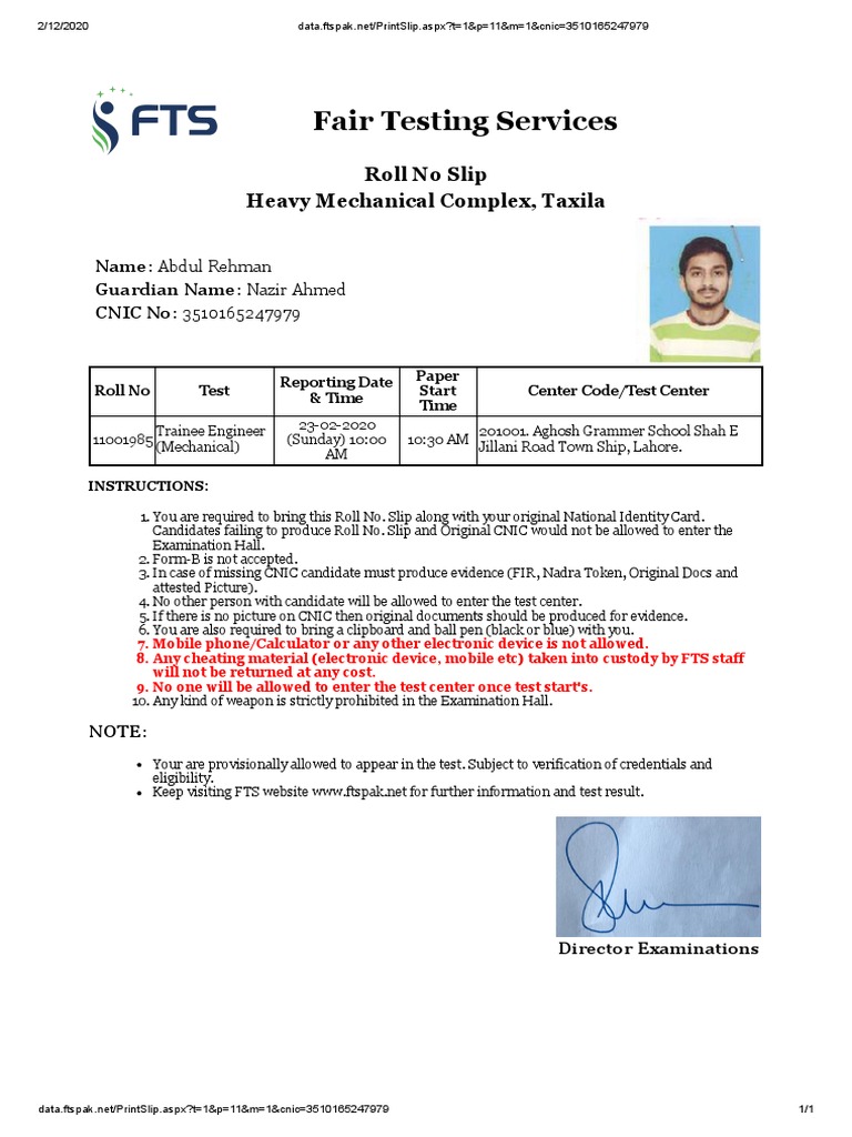 Fair Testing Services: Roll No Slip Heavy Mechanical Complex, Taxila ...