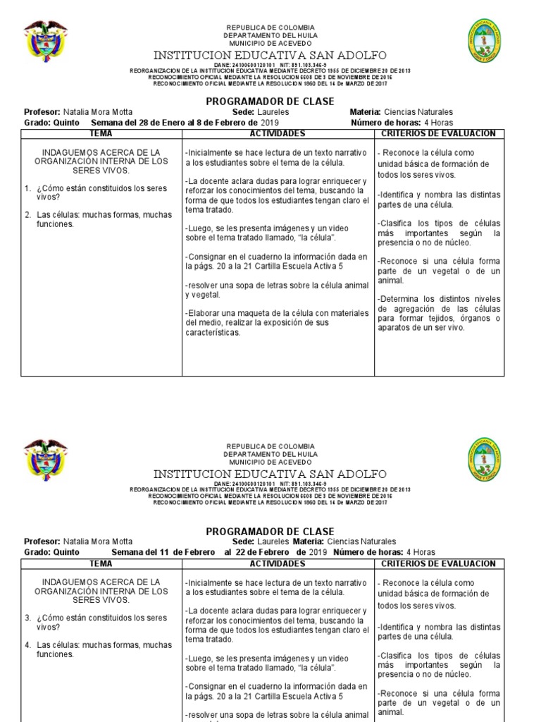 Programador de Clase Ciencias Naturales Grado Quinto | PDF | Sistema endocrino | Organismos