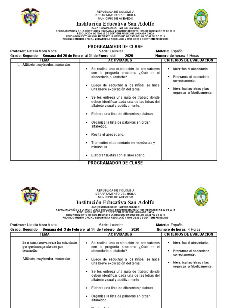 Programador de Clase Español Grado Segundo | PDF | Sustantivo | Alfabeto