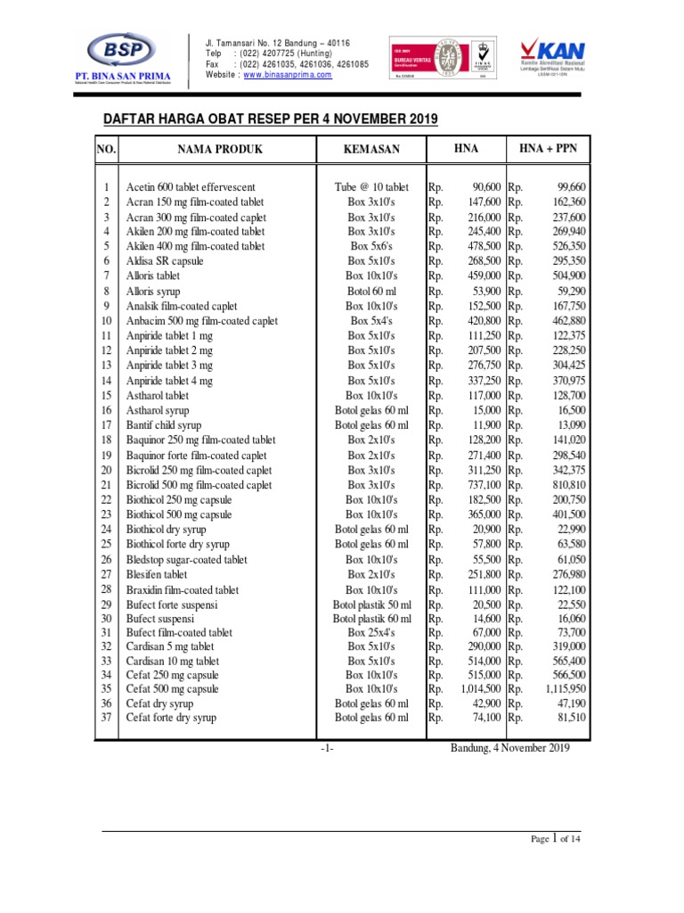 Daftar Harga Obat Sanbe Per 4 November 2019 | PDF | Tablet (Pharmacy ...