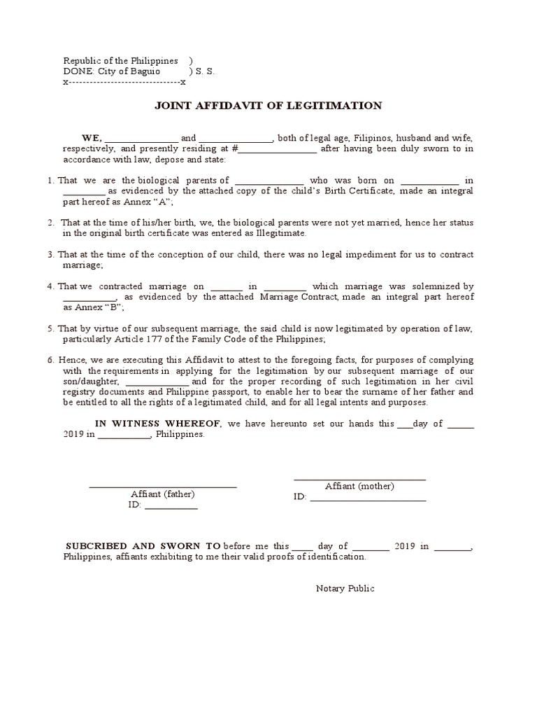 Joint Affidavit of Legitimation: WE, - and - , Both of Legal Age, Filipinos, Husband and Wife | PDF