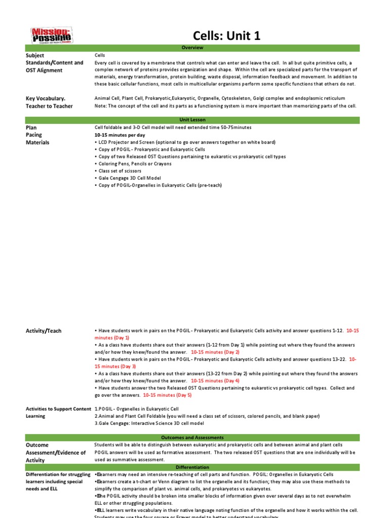 Cells - Unit 1 | PDF | Eukaryotes | Cell (Biology)