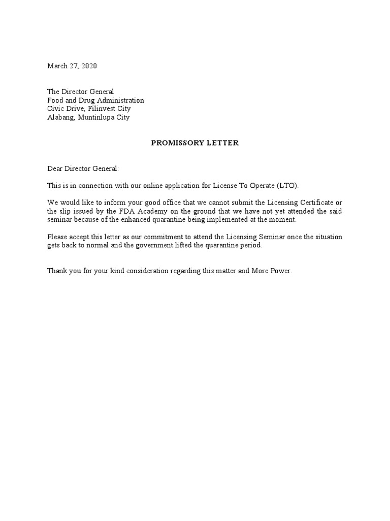 FDA Promissory Letter Sample | PDF