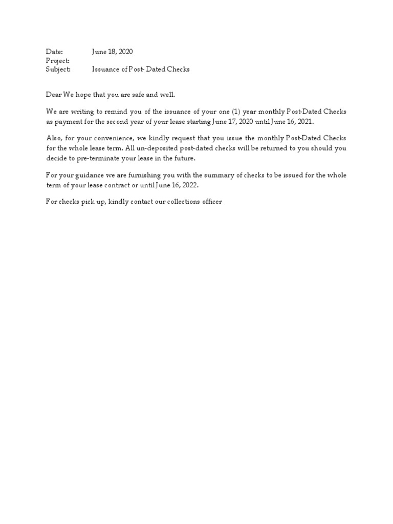 Letter To Issue PDCs Sample | PDF | Finance & Money Management | Law