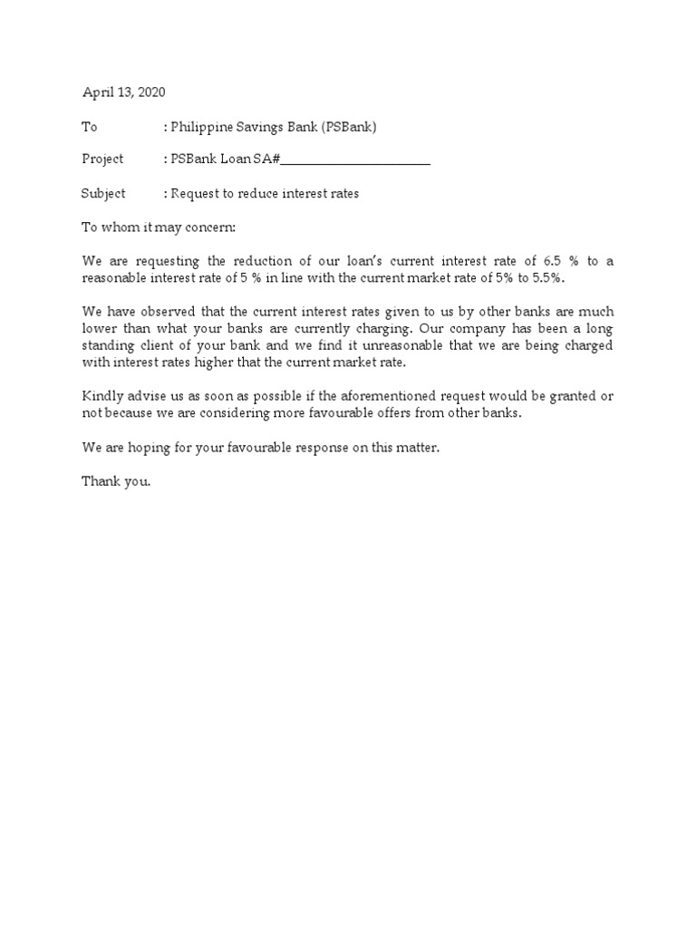 Letter To Lower Interest Rates - Sample | PDF