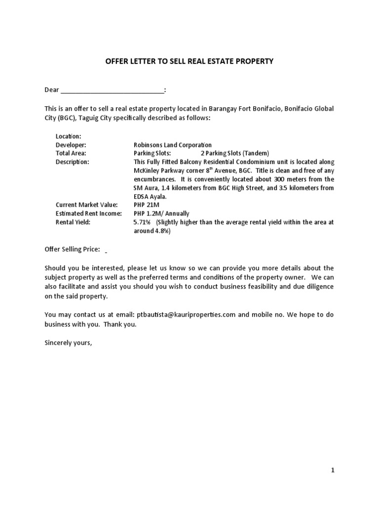 Offer Letter To Sell Sample | PDF
