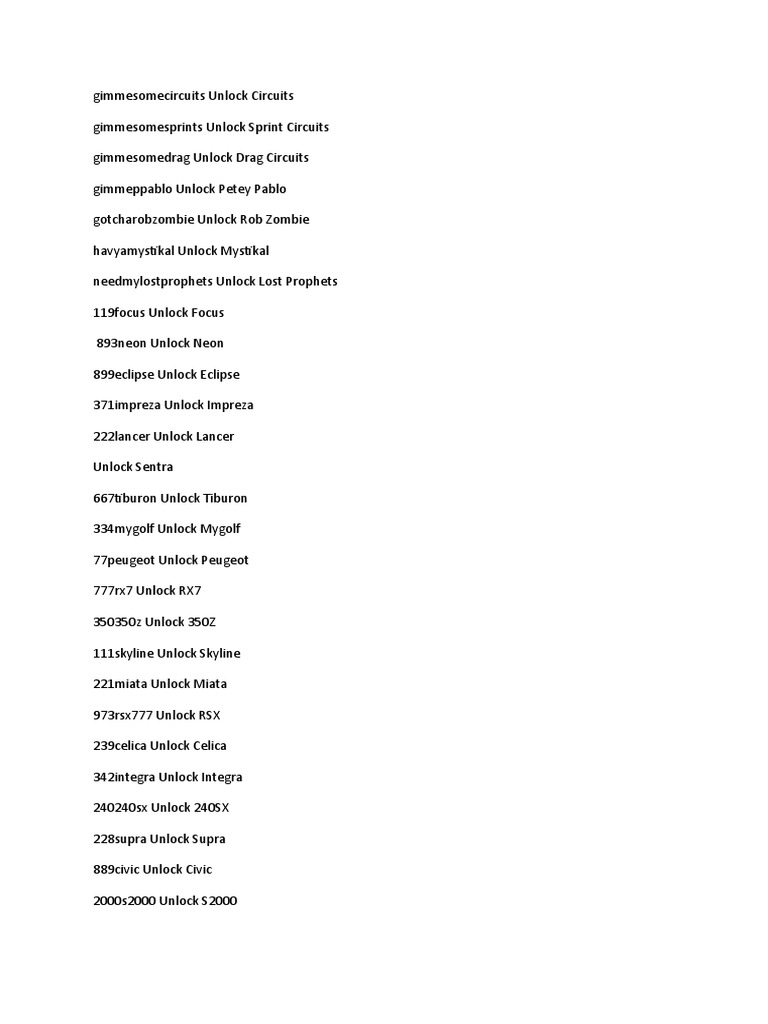 Unlock Codes for Racing Circuits | PDF