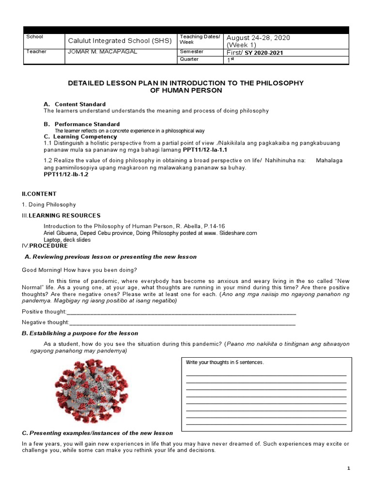 Detailed Lesson Plan in Introduction To The Philosophy of Human Person ...