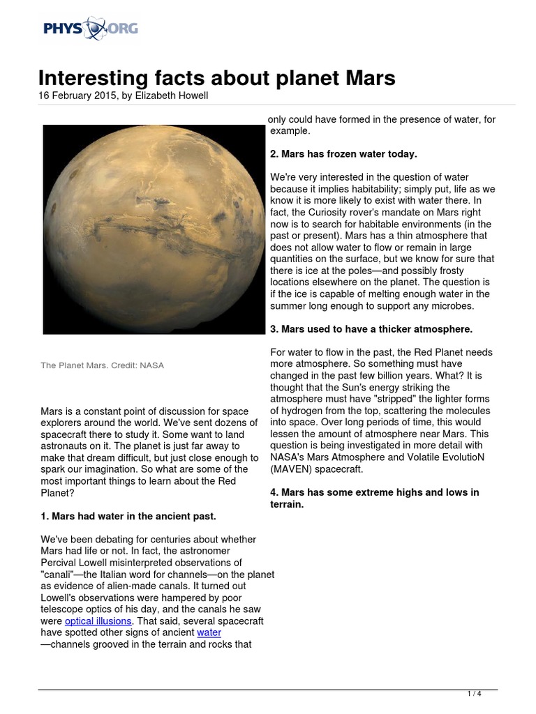 Interesting Facts About Planet Mars: 2. Mars Has Frozen Water Today ...
