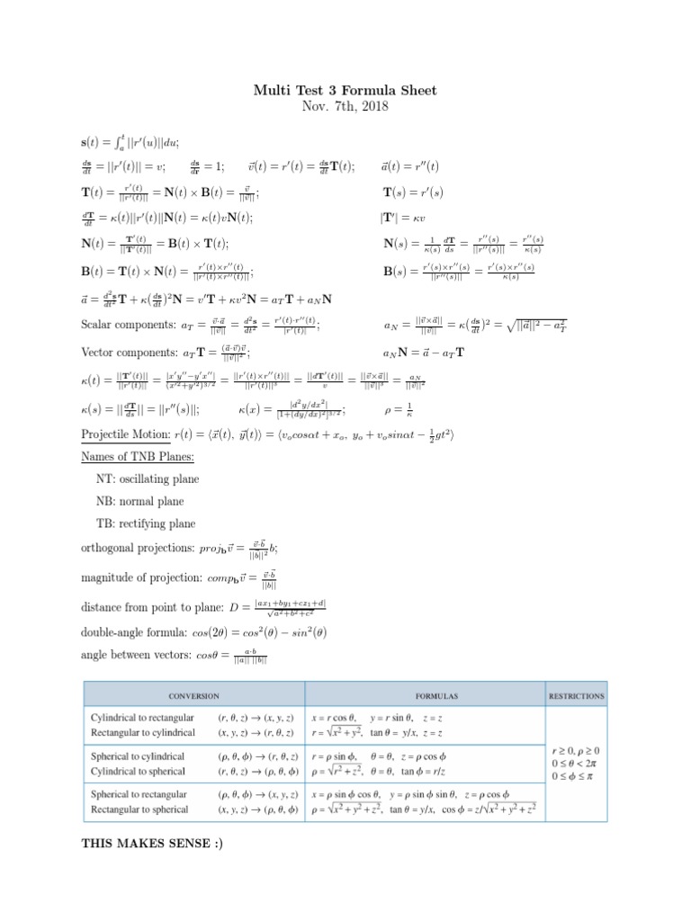 Multi Test 3 Formula Sheet Nov. 7th, 2018 | Descargar gratis PDF ...